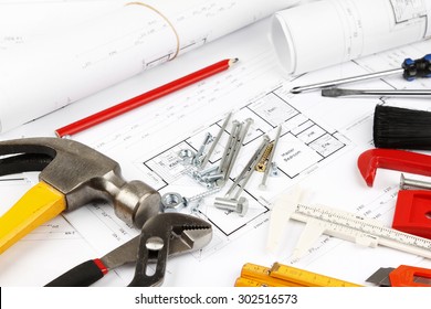 Assorted Work Tools On Building Plans Stock Photo 302516573 | Shutterstock