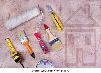 Assorted Work Tools On Plaster Background Stock Photo 794445877 ...