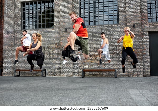 Athletes Jumping During Workout Session Group Stock Photo 1535267609 ...