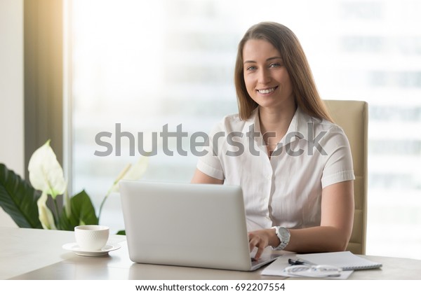 Attractive Businesswoman Working On Laptop Smiling Stock Photo ... Attractive Businesswoman Working On Laptop Smiling Stock Photo ...