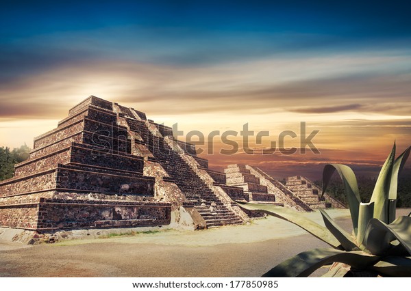 Aztec Pyramid Sunset Dramatic Sky Copy Stock Photo (Edit Now) 177850985