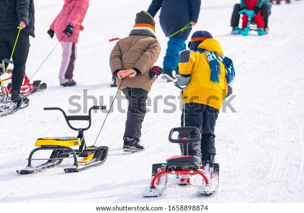 Back View Child Pulling Sledge Running Stock Photo 1658898874 ...