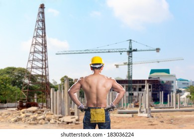 Back View Construction Worker Showing His Stock Photo 183036224 ...