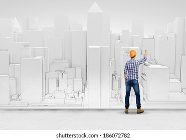 Back View Man Engineer Drawing Buildings Stock Photo 186072782 ...