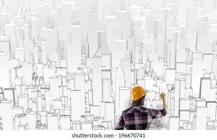 Back View Man Engineer Drawing Buildings Stock Photo 196670741 ...