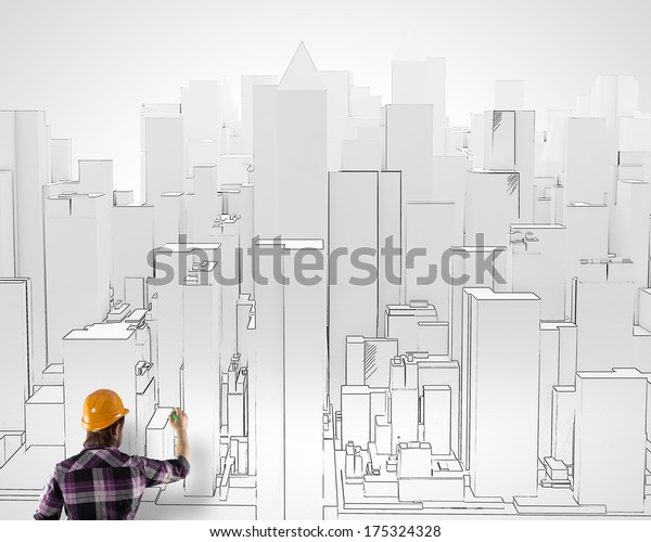 Back View Man Engineer Drawing Buildings Stock Photo 175324328 ...