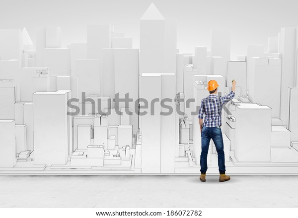Back View Man Engineer Drawing Buildings Stock Photo 186072782 ...