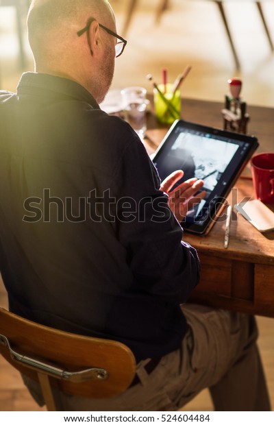 Back View Man Sitting Table Using Stock Photo 524604484 | Shutterstock