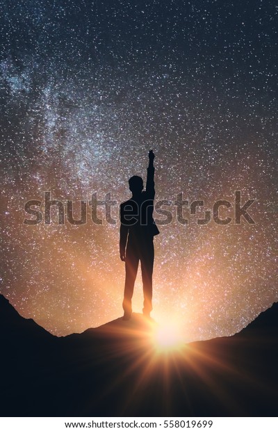 Back View Man Space Reaching Out Stock Photo (Edit Now) 558019699