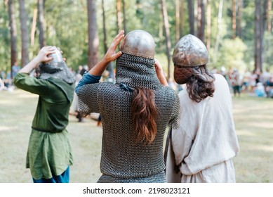Back View Vikings Helmets Preparing Battle Stock Photo 2198023121 ...