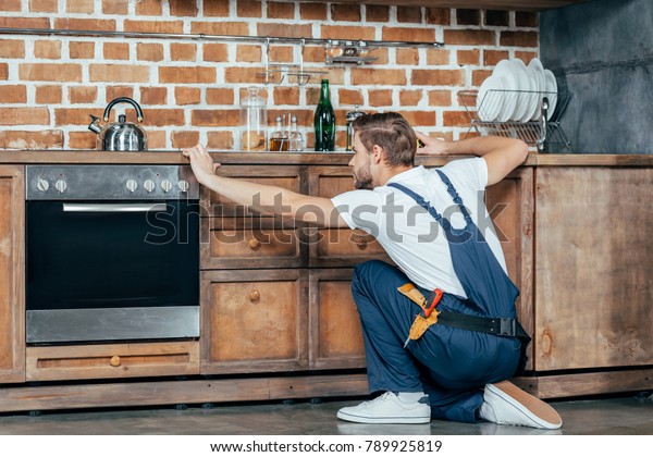 Back View Young Foreman Measuring Kitchen Stock Photo 789925819 ...