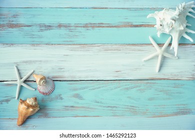 Background Shells On Light Blue Wooden Stock Photo 1465292123 ...