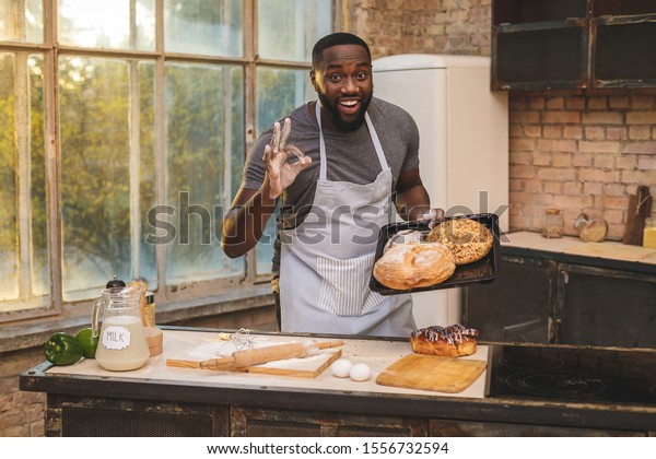 Baking Process Cheerful Dark Skinned African Stock Photo 1556732594 ...