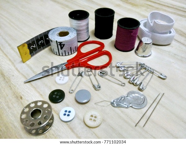 Basic Sewing Tools Accessories On Wooden Stock Photo (Edit Now) 771102034