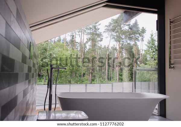 Bathroom Panoramic Window Overlooking Forest Stock Photo 1127776202 ...