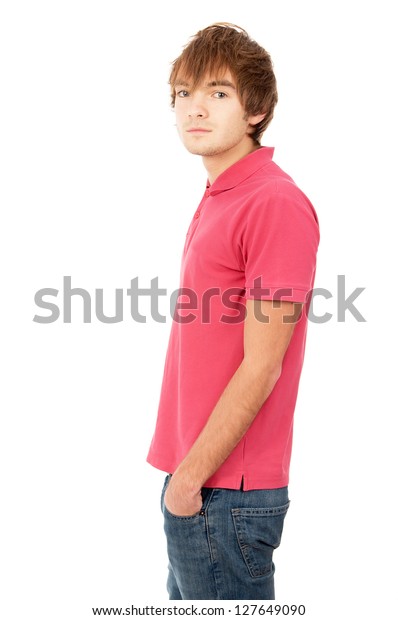 Beautiful Guy Standing Sideways Camera Isolated Stock Photo 127649090 ...