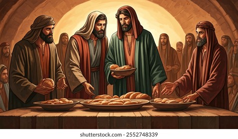 Biblical Image Disciples Distributing Bread Fish AI-generated image ...