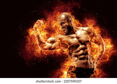 Bodybuilder Posing On Fire Flames Background Stock Photo 2207590107 ...