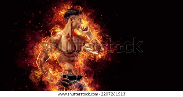Bodybuilder Posing On Fire Flames Background Stock Photo 2207261513 ...