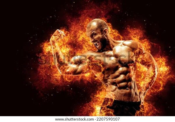 Bodybuilder Posing On Fire Flames Background Stock Photo 2207590107 ...