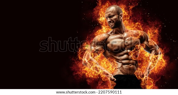 Bodybuilder Posing On Fire Flames Background Stock Photo 2207590111 ...