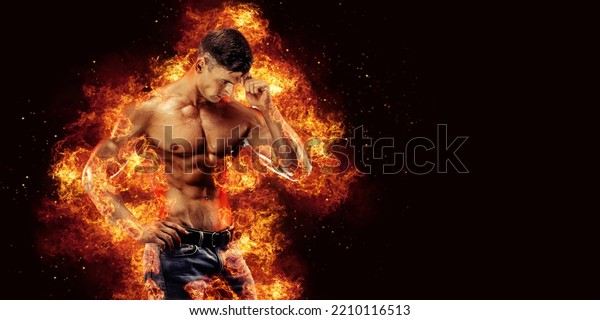 Bodybuilder Posing On Fire Flames Background Stock Photo 2210116513 ...