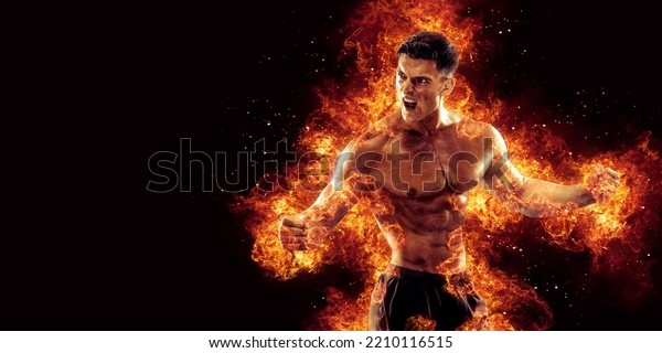 Bodybuilder Posing On Fire Flames Background Stock Photo 2210116515 ...