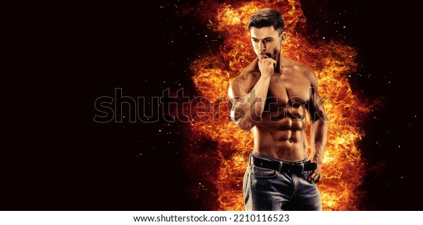 Bodybuilder Posing On Fire Flames Background Stock Photo 2210116523 ...