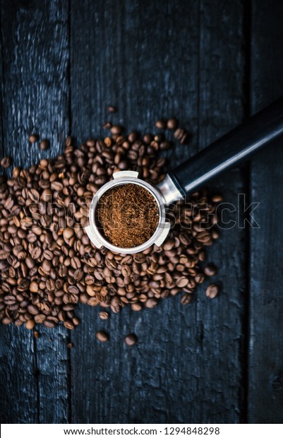 Bottomless Filter Grind Beans On Wooden Stock Photo 1294848298 ...