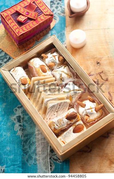 Box Assorted Indian Sweets Spread Over Stock Photo (Edit Now) 94458805