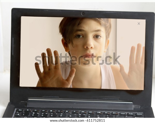 Boy Behind Computer Screen Symbol Ciber Stock Photo 611752811 ...