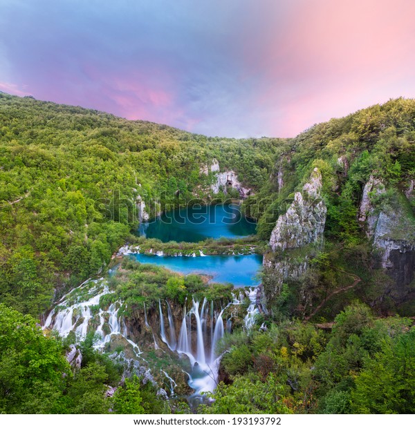 Breathtaking sunset view in the Plitvice Lakes National Park (Croatia) Breathtaking sunset view in the Plitvice Lakes National Park (Croatia)