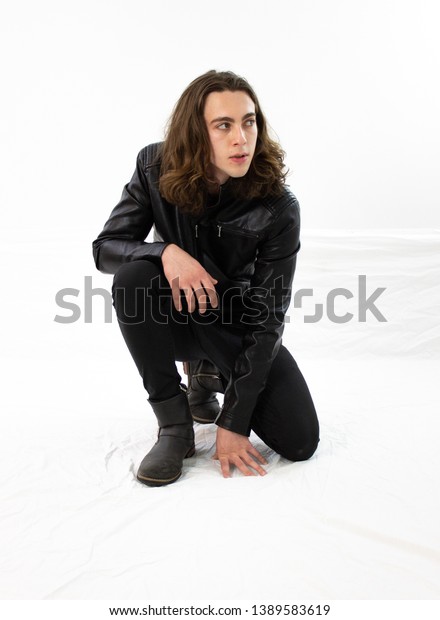 Brooding Young Man Black Leather Crouching Stock Photo 1389583619 ...