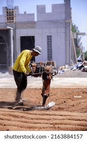 Builder Worker Handling Stamper Construction Project Stock Photo ...