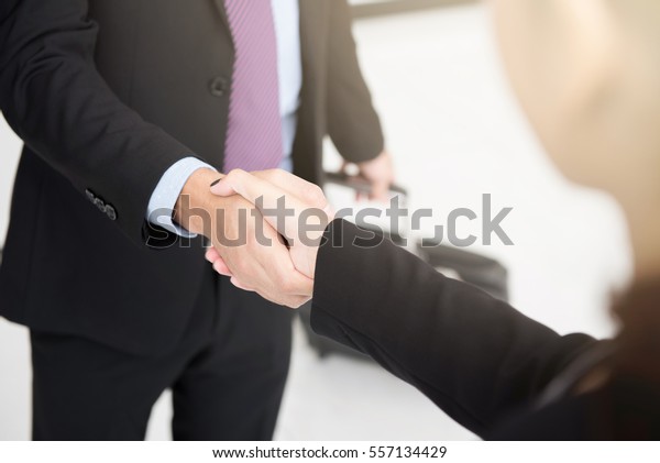 Businessman Making Handshake While Pulling Luggage Stock Photo ...