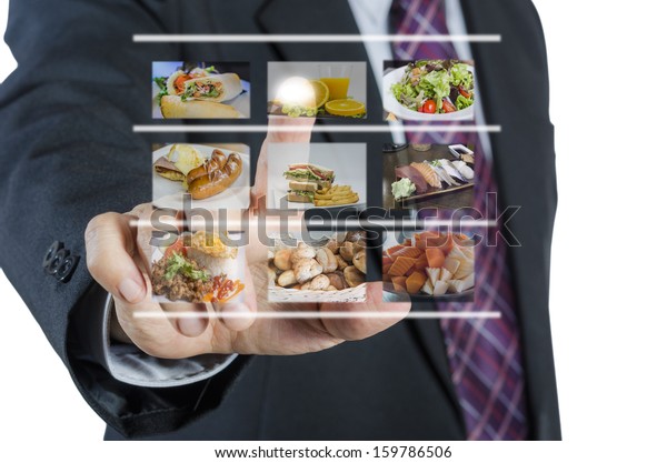 Businessman push virtual button screen in restaurant,isolated on white ...
