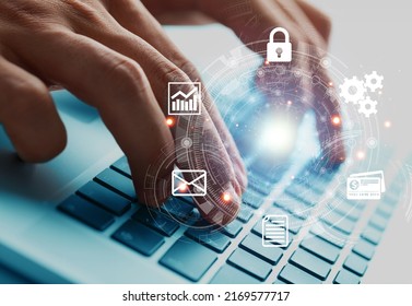 Businessman Using Computer Virtual Screen Project Stock Photo ...