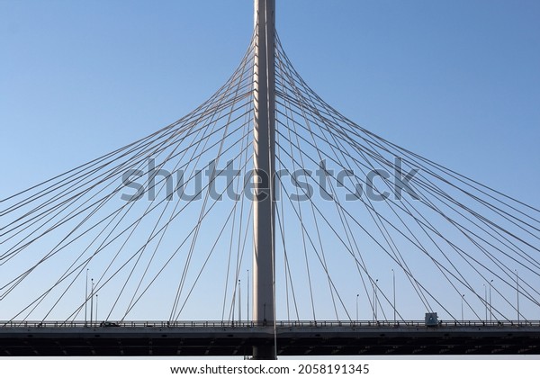 Стоковая фотография 2058191345: Cablestayed Bridge Pylon Cables Close ...