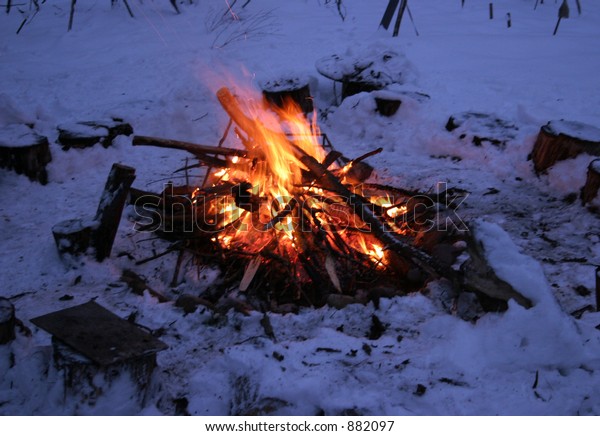 Camp Fire Winter Time Surrounded By Stock Photo (Edit Now) 882097
