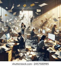 Chaotic Office Papers Flying People Running AI-generated image ...