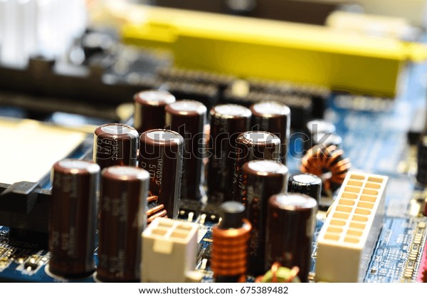 Capacitor On Computer Mothrboard Technology Background Stock Photo ...