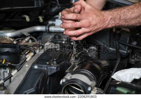 Car Mechanic Hands Replacing Engine Throttle Stock Photo 2208291803 ...