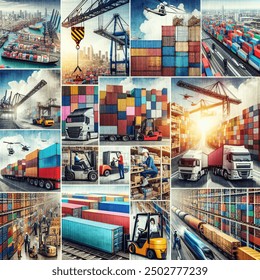 Collage Shipping Warehouse Oil Refinery Wind AI-generated image ...