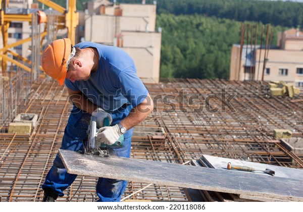 Carpenter Builder Man Worker Cutting Wood Stock Photo (Edit Now) 220118086
