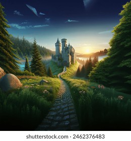 Pine Forest Gold Red Castle Medieval AI-generated image 2507943975 ...