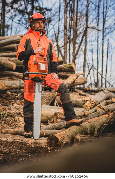 Chainsaw Operator Standing Next Tree Trunk Stock Photo (Edit Now) 760152466