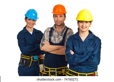 Cheerful Team Three Workers Standing Arms Stock Photo 74760271 ...