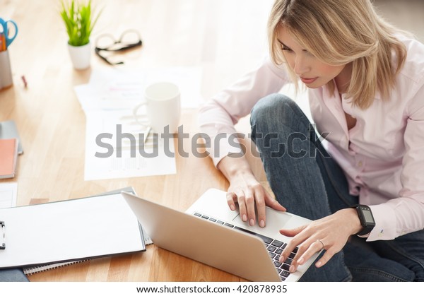 Cheerful Young Lady Using Computer Stock Photo 420878935 | Shutterstock
