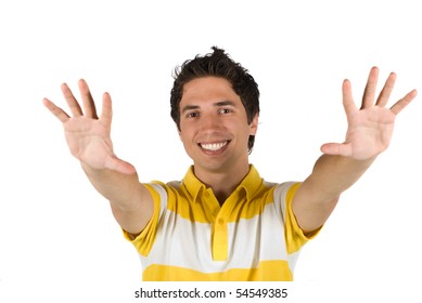 Cheerful Young Man Open Hands Front Stock Photo 54549385 | Shutterstock