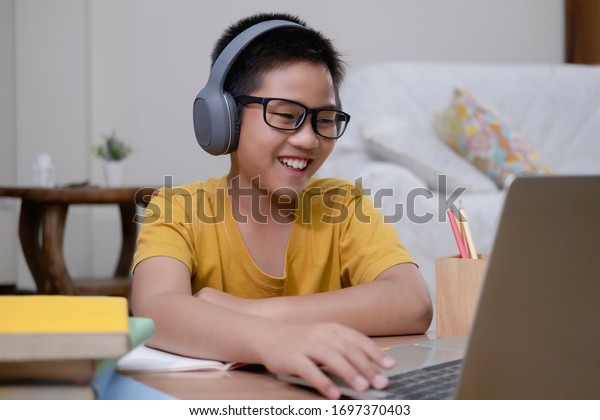 Cheerfully Boy Excited Using Computer Online Stock Photo (Edit Now ...
